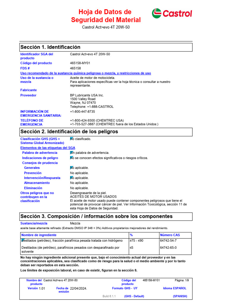 MSDS Castrol 20W-50 | PDF | Residuos | Reciclaje