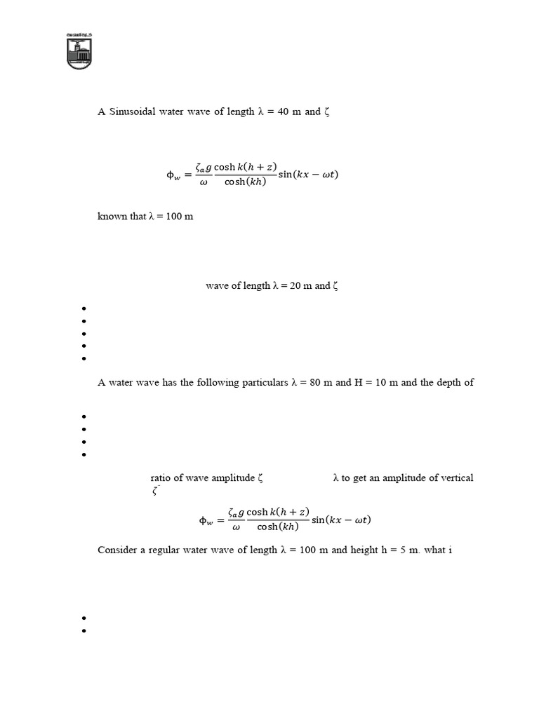 Sheet (3) - Water Wave Kinematics | PDF | Waves | Wavelength