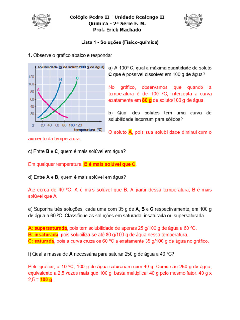 GABARITO - Lista 1 de Soluções - (FISQUI) (1) | PDF | Solubilidade ...