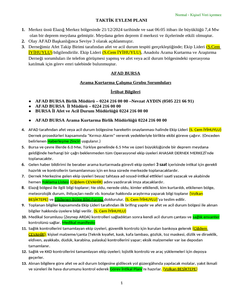 Örnek Taktik Eylem Planı- ELAZIĞ SENARYOSU-rev | PDF