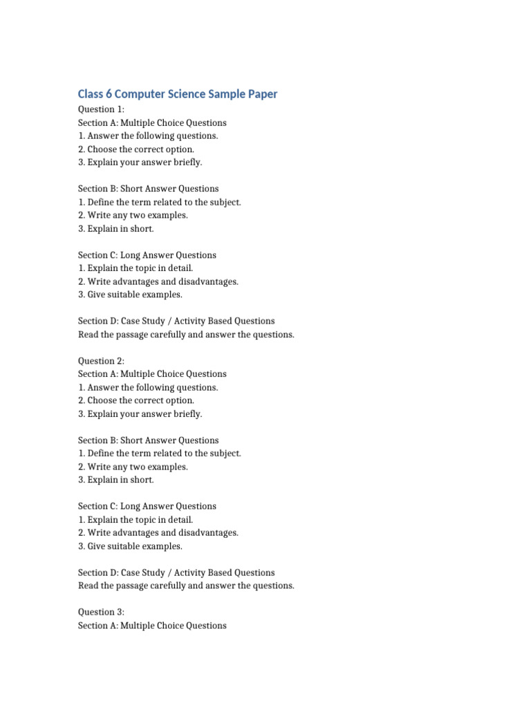 Class 6 Computer Science Sample Paper | PDF | Multiple Choice