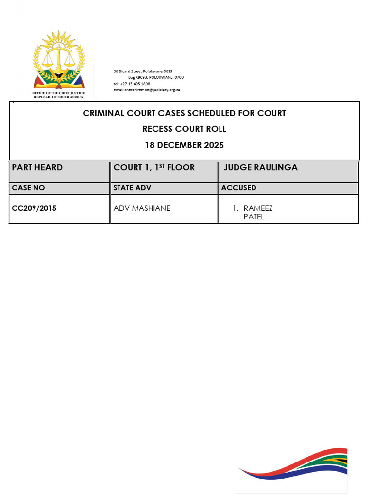 Criminal Court Cases Scheduled For Court Recess Court Roll 18 DECEMBER ...