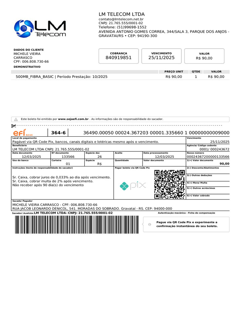 Boleto LM Telecom - Michele Carrasco | PDF | Finanças pessoais ...