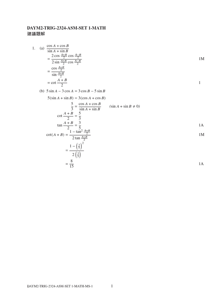 Chi Daym2 Trig 2324 Asm Set 1 Math Ms | PDF