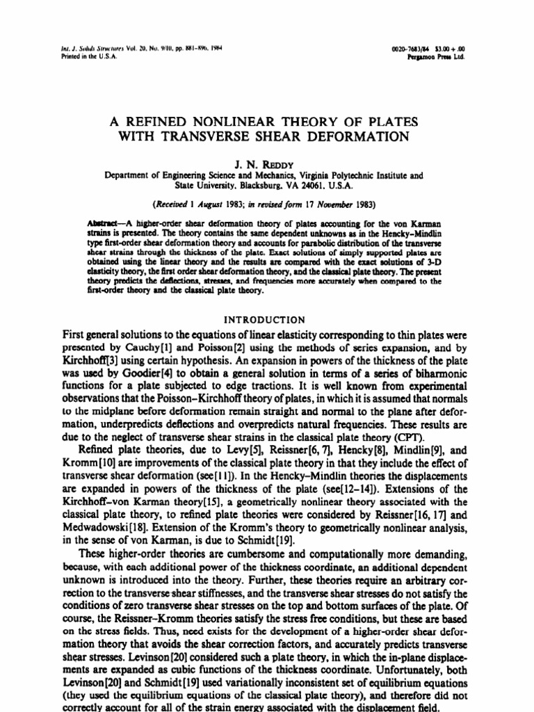 1984 JN Reddy A Refined Nonlinear Theory of Plates With Transverse ...