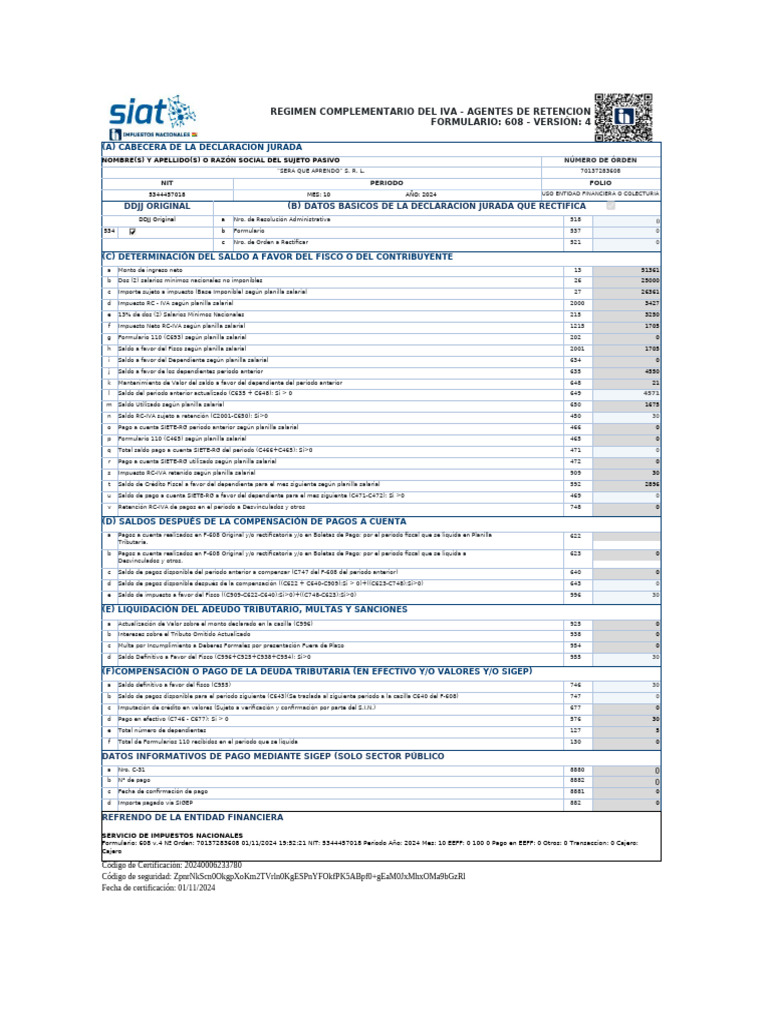 Declaración Jurada RC-IVA 2024 | PDF | Impuestos | Dinero