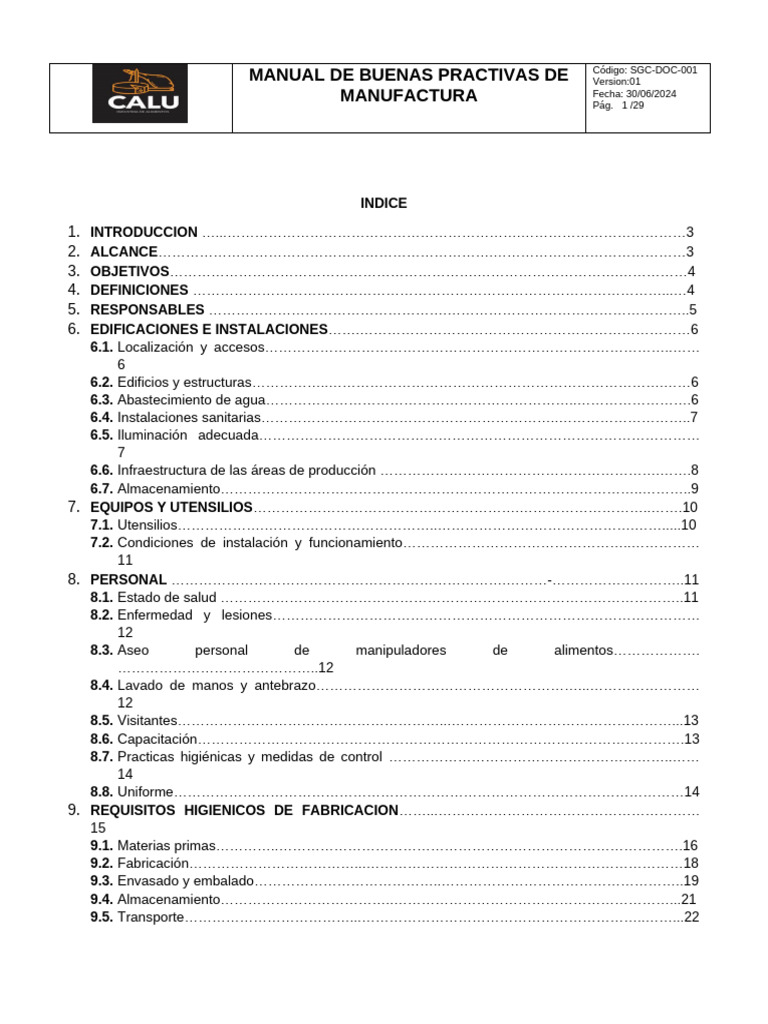 Sgc-doc-001 Manual de Bpm Industria Calu | PDF | Alimentos | Agua