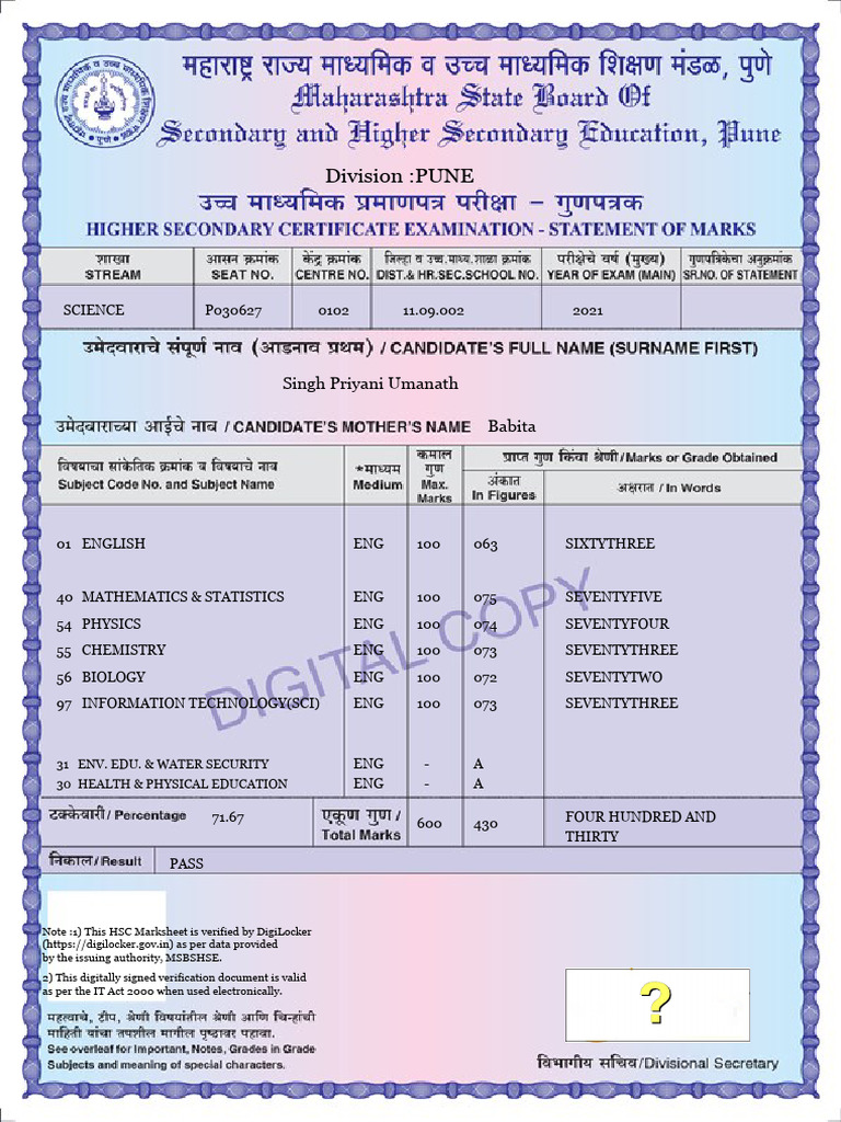HSC Marksheet for Singh Priyani Umanath | PDF