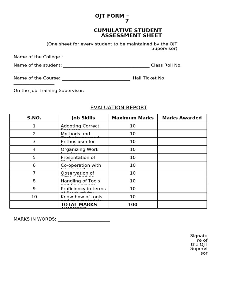 OJT Student Assessment Sheet Template | PDF