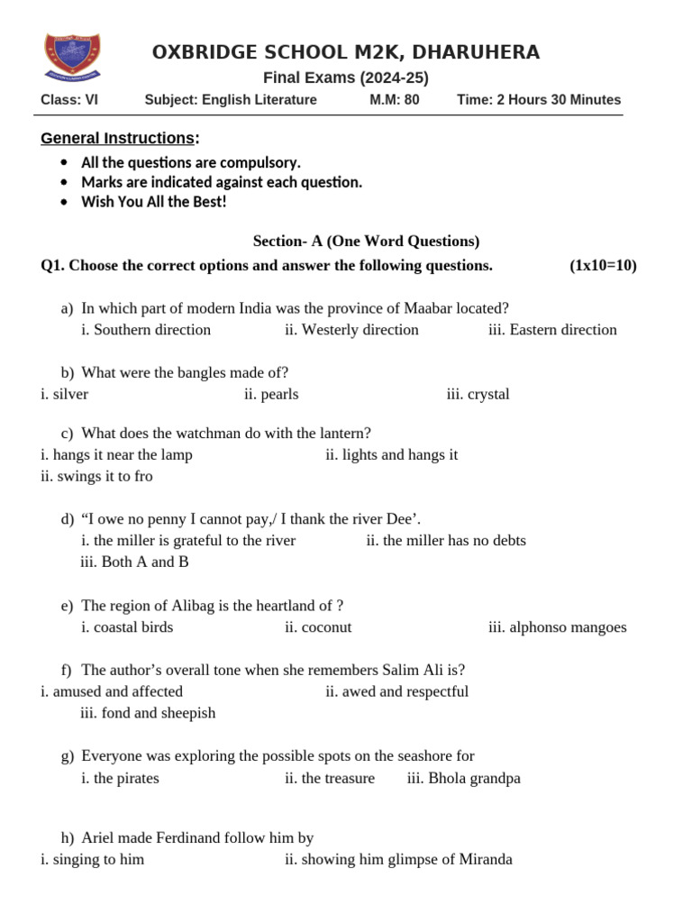 Class VI English Literature Final Exam 2024 | PDF