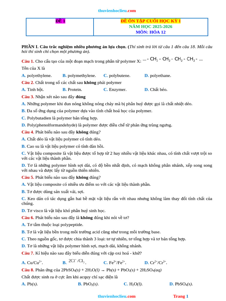 Thuvienhoclieu.com Bo de on Tap Cuoi HK1 Hoa 12 Nam 25 26 | PDF