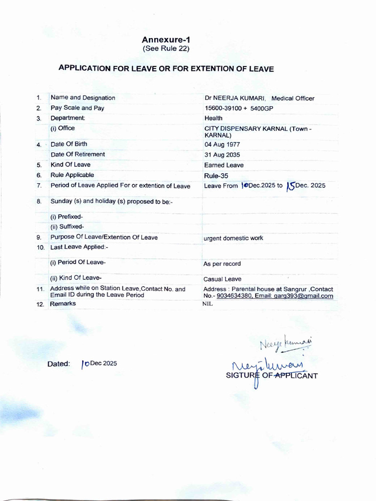 Leave Application for Dr. Neerja Kumari | PDF