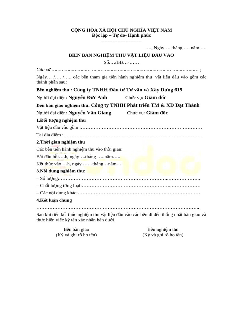Mau Bien Ban Nghiem Thu Vat Lieu Dau Vao | PDF