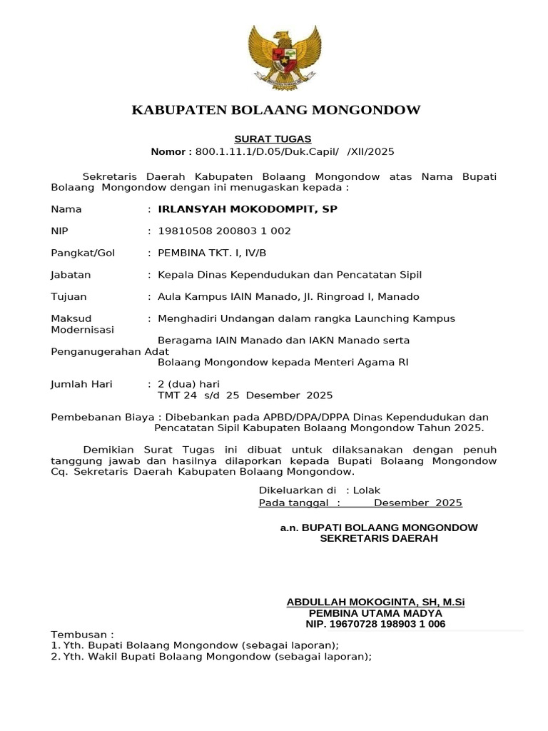 Surat Tugas Kepala Dinas Bolaang Mongondow | PDF