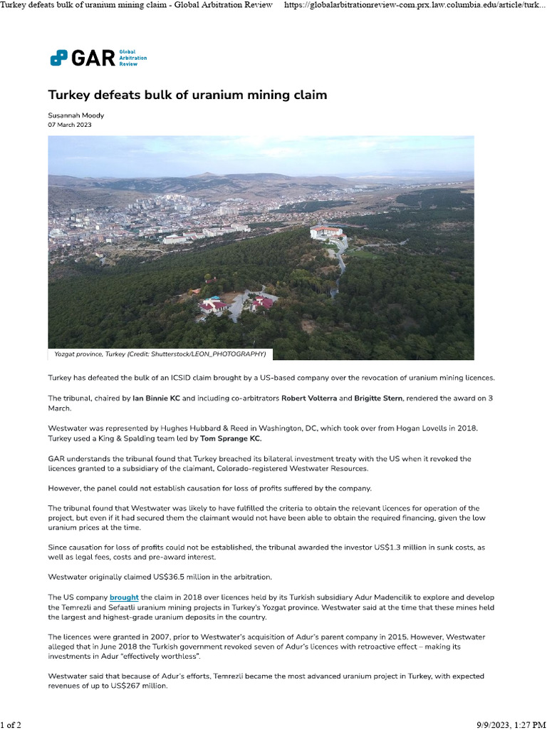 Turkey Defeats Bulk of Uranium Mining Claim - Global Arbitration Review ...