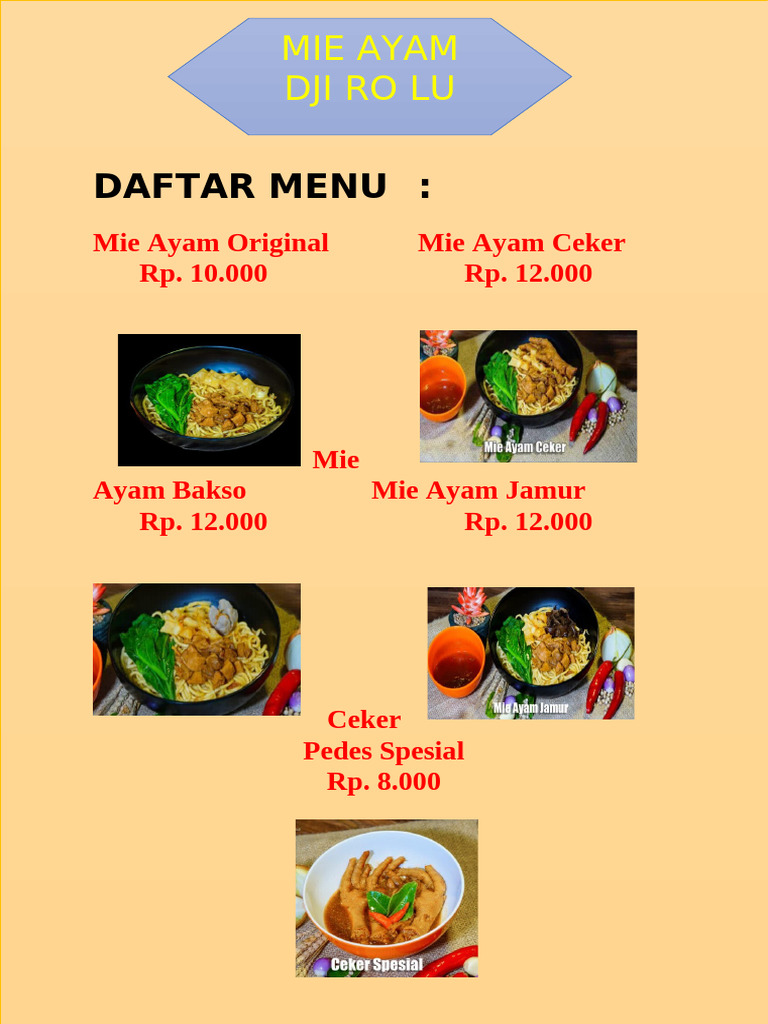 Daftar Menu Mie Ayam Dan Gambar | PDF