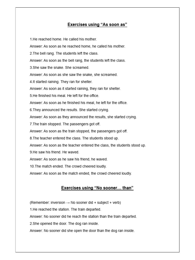 Exercises for "As Soon As" & "No Sooner" | PDF
