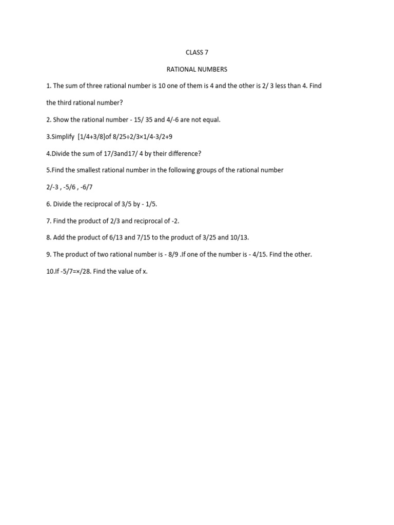 Class 7 Rational Numbers Exercises | PDF