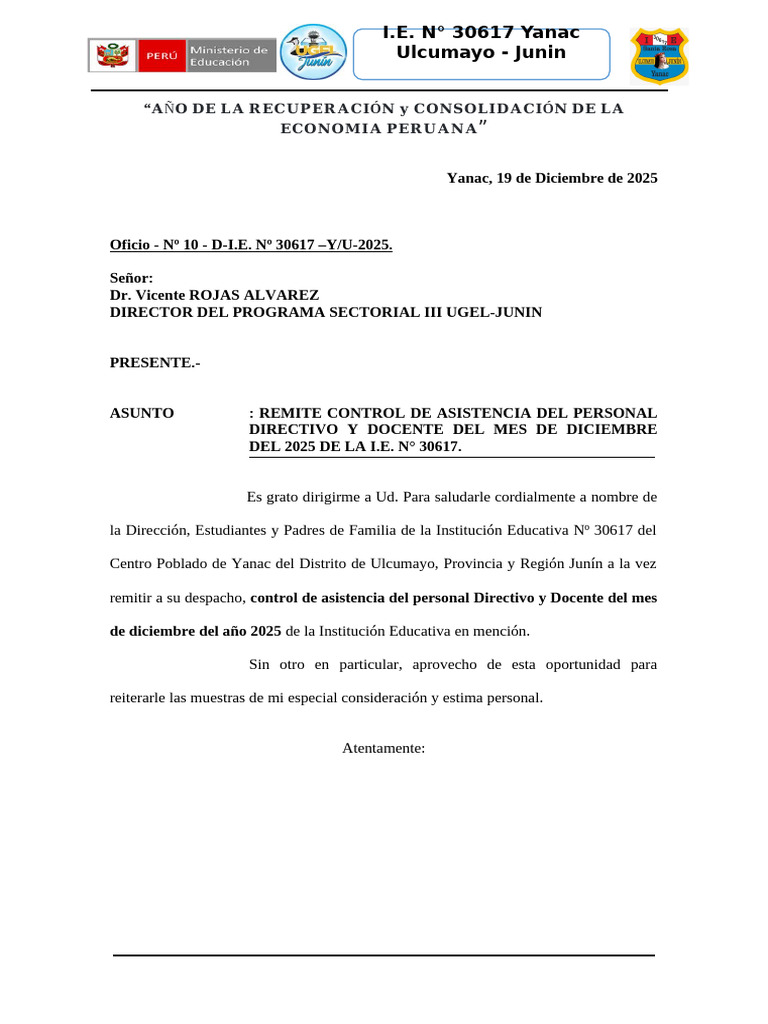 Oficio Remite Informe y Asistencia de Diciembre | PDF
