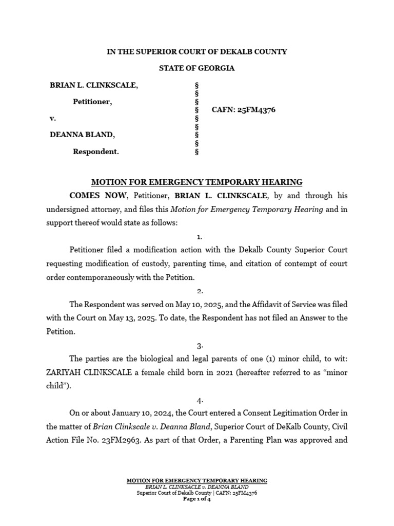 Brian Clinkscale - Motion for Emergency Temporary Hearing | PDF | Child ...