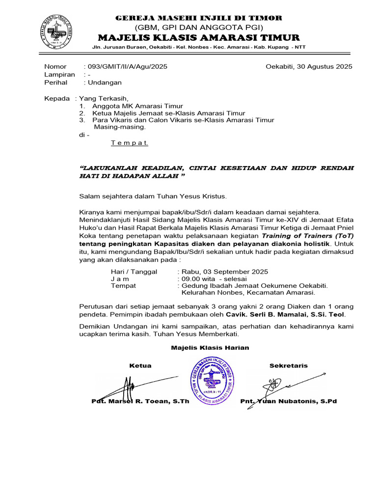 Undangan Training of Trainers Klasis Amarasi | PDF