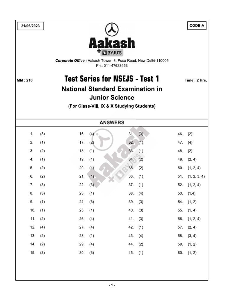 Nsejs Test-1a - Class-Viii, Ix & X (21!06!2023) - Ans & Sol1 | PDF