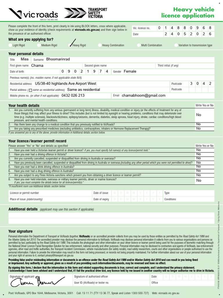 VicRoads - Heavy Vehicle Licence Application Form - Single Page | PDF ...