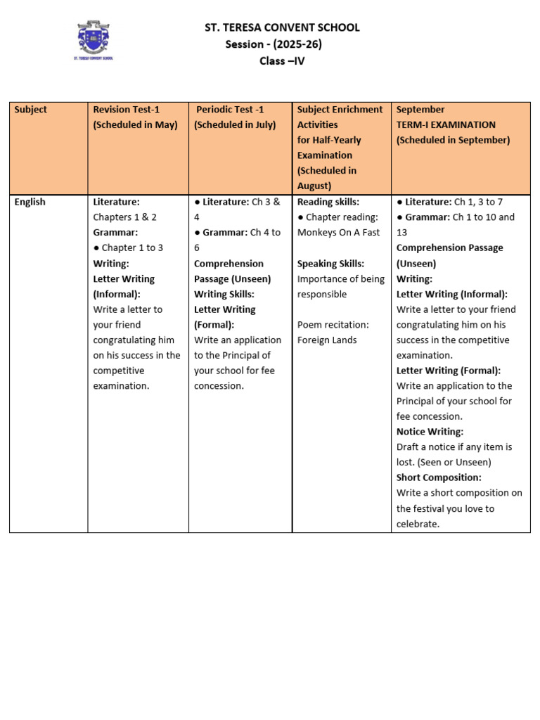 Class IV Academic Schedule 2025-26 | PDF