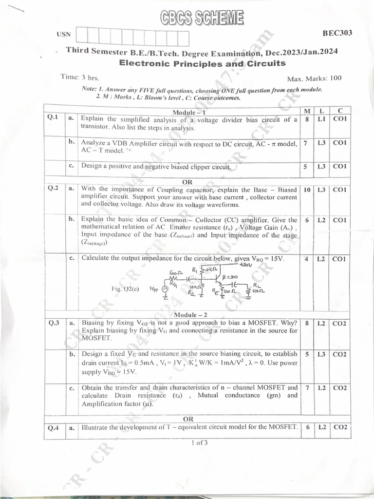 VTU Exam Question Paper With Solution of BEC303 Electronic Principles ...