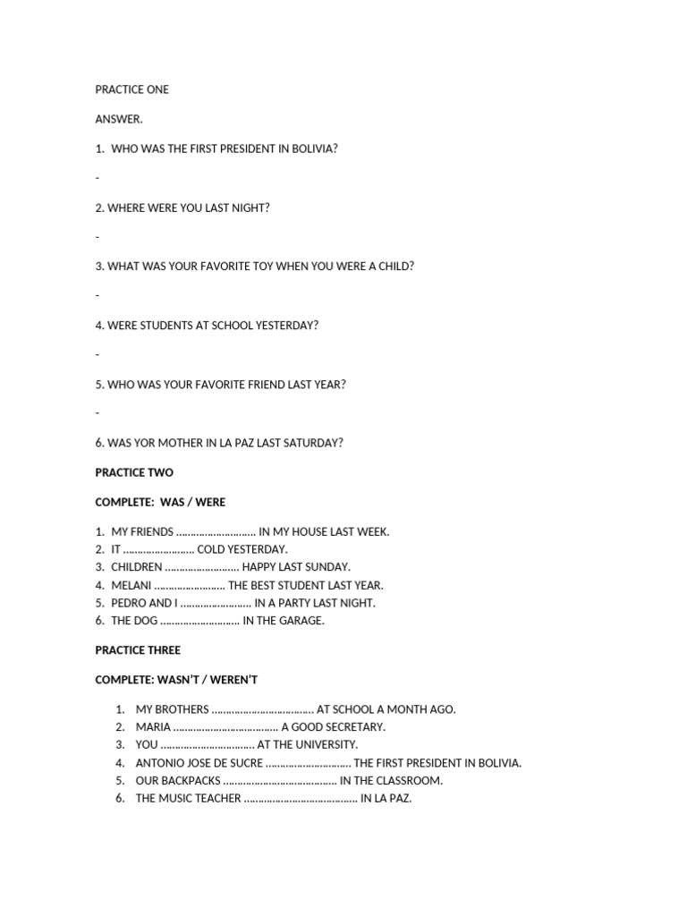 Was - Were - Practice | PDF