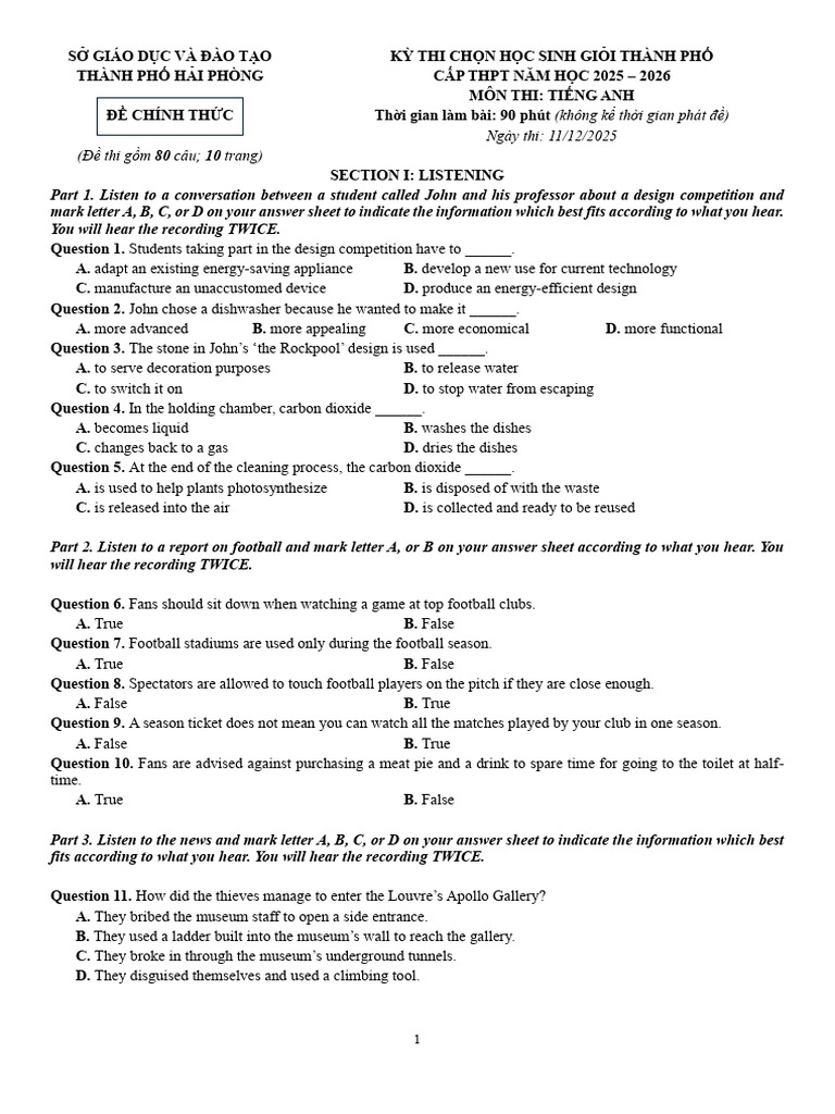 ĐỀ HSG LỚP 12 HẢI PHÒNG 2025-2026 | PDF | Climate Change | Pollution