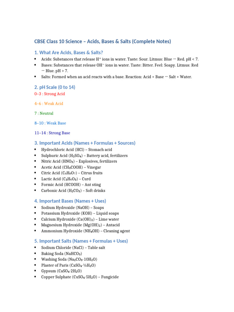 CBSE Class10 Acids Bases Salts Complete Notes | PDF