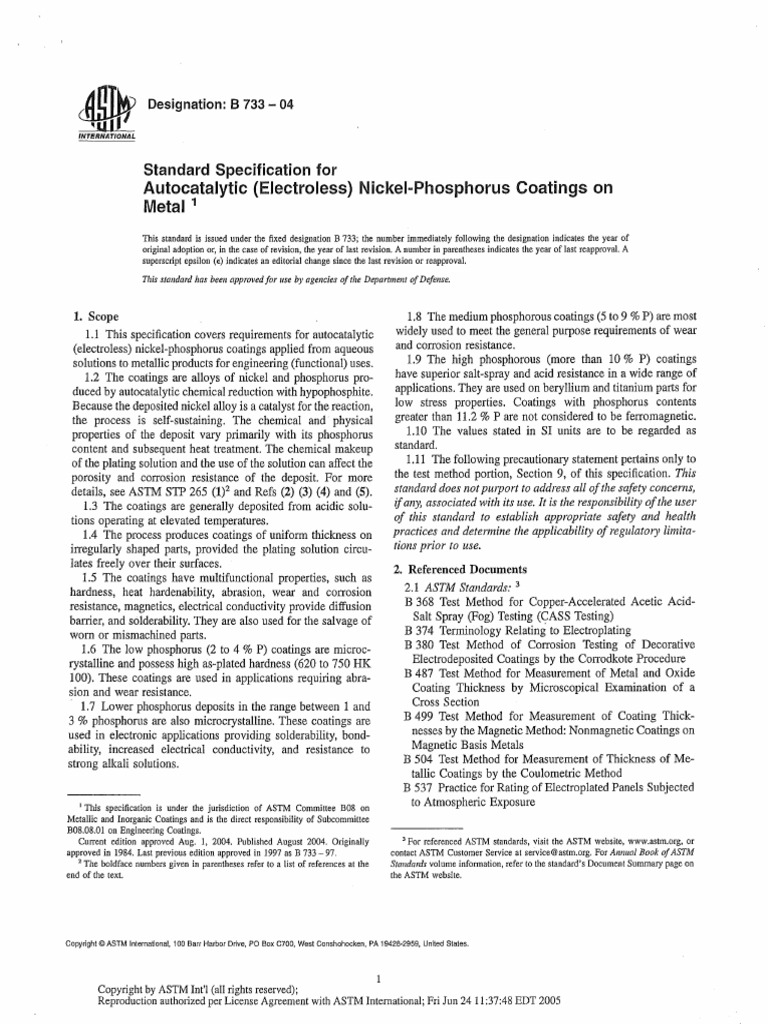 ASTM B733 Standard (Electroless Nickel Plating Standard) | PDF