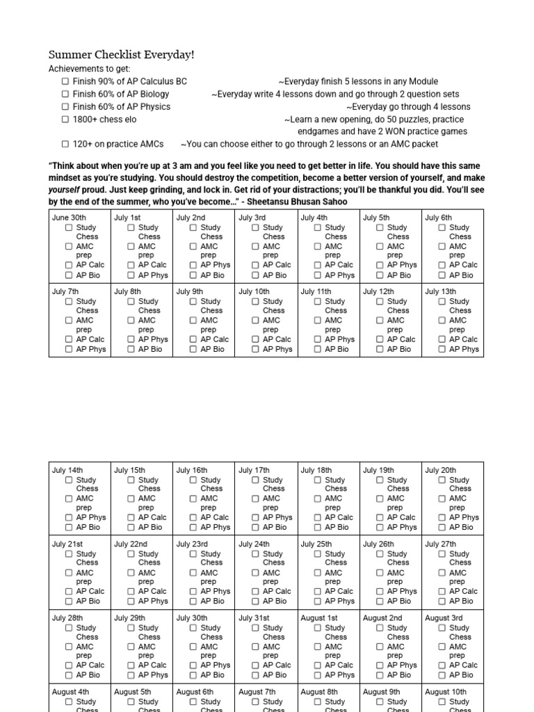 Summer Checklist Everyday | PDF | Military Operations