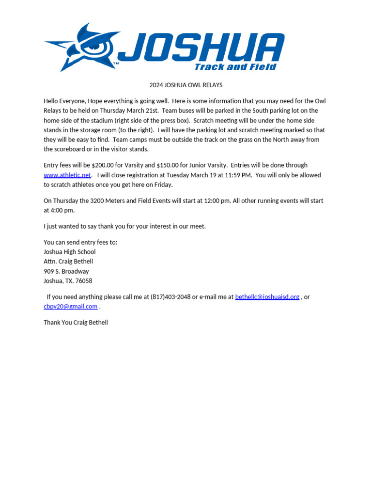 2024 Joshua Owl Relays | PDF