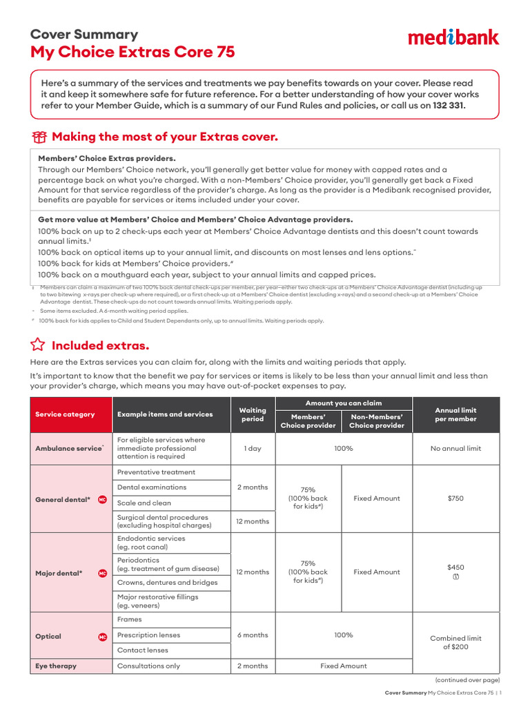 My Choice Extras Core 75 Overview | PDF | Dentistry | Medicine