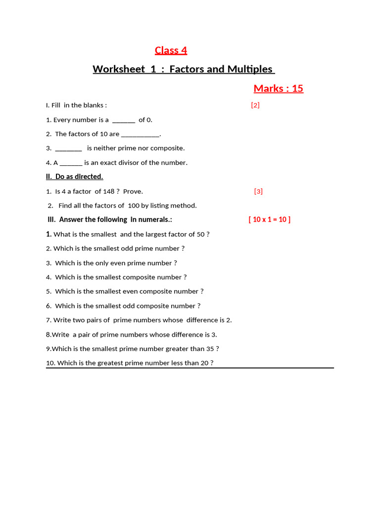 Factors and Multiples Worksheet for Class 4 | PDF
