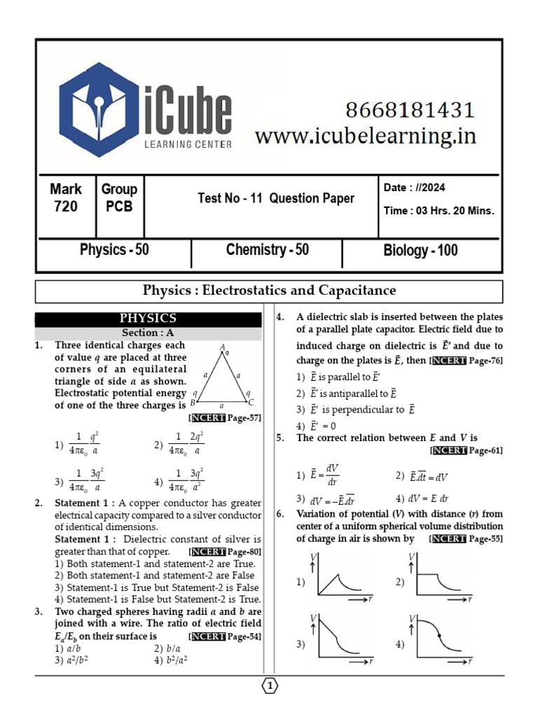 Electrostatics Concepts and Problems | PDF | Capacitance | Capacitor