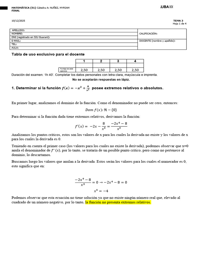 Resolucion Final Matematica 51 Tema 3 10-12-2025 | PDF | Asíntota | Integral