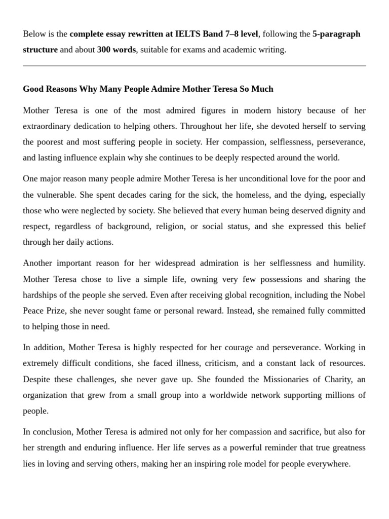 Mother Teresa - Sample Essay | PDF