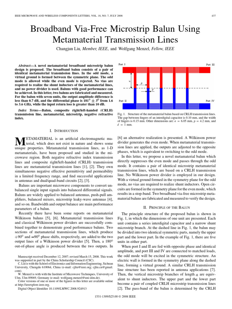 Broadband Via-Free Microstrip Balun Using Metamaterial Transmission ...