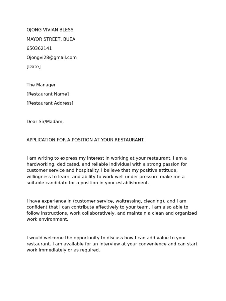 Restaurant Job Application Letter | PDF