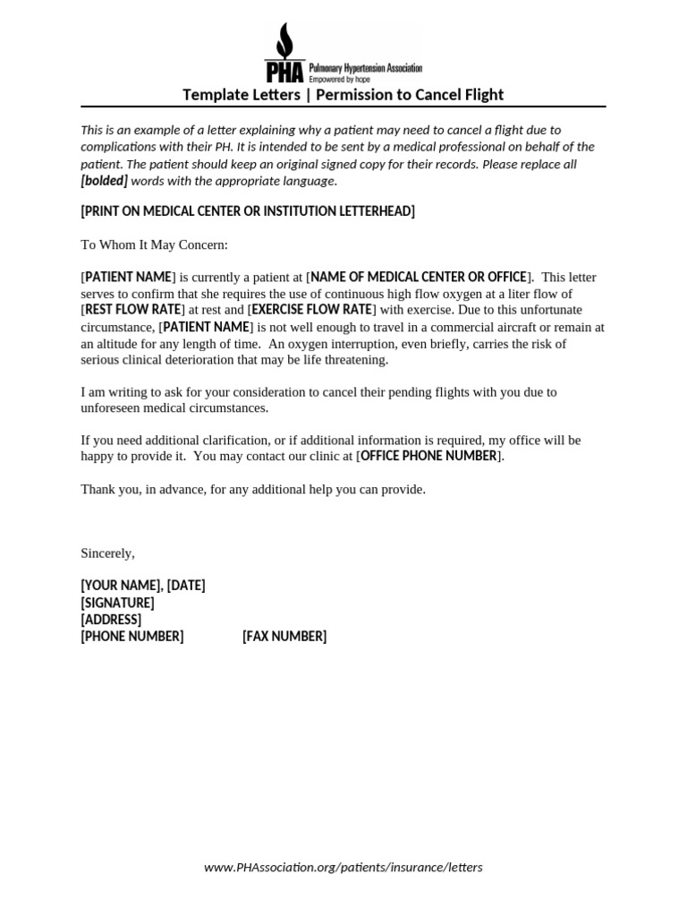 Patients Toolkit PH TemplateLetter Permissionto Cancel Flight | PDF