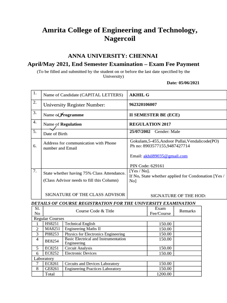 Amrita College Exam Fee Payment Form | PDF