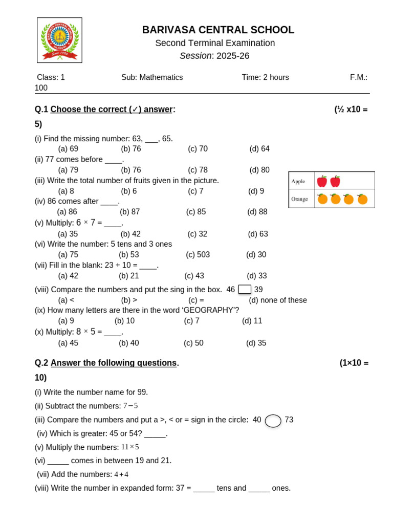 Class 1 Mathematics Exam Paper | PDF | Mathematics