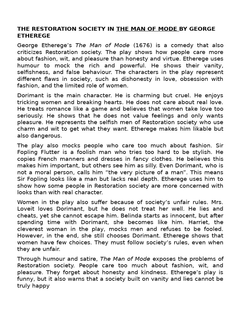 The Restoration Society in The Man of Mode by George Etherege | PDF