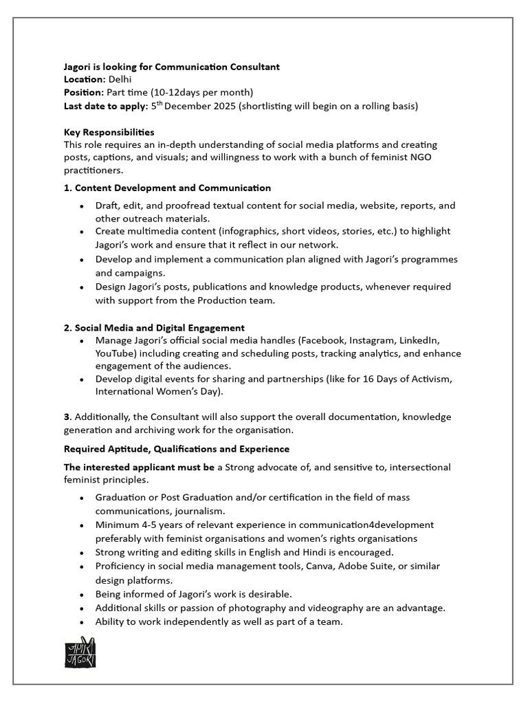 Communication Consultant Position at Jagori | PDF