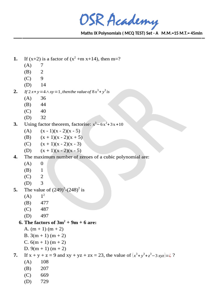 Maths IX Polynomials MCQ Test Set A | PDF | Factorization | Algebra