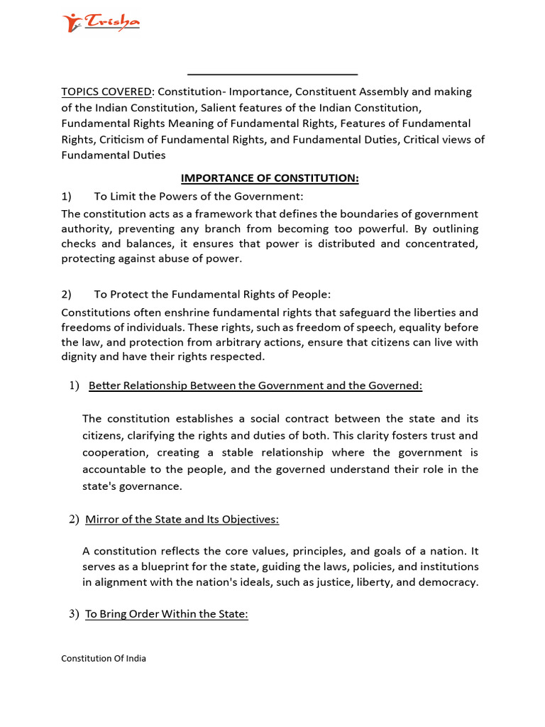 Constitution and Fiundamental Rights and Duties Notes Part 1 | PDF ...