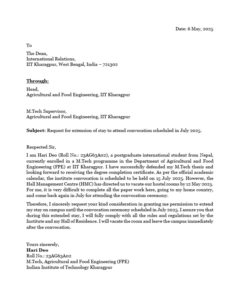 Stay Extension Application IITKGP - Hari | PDF